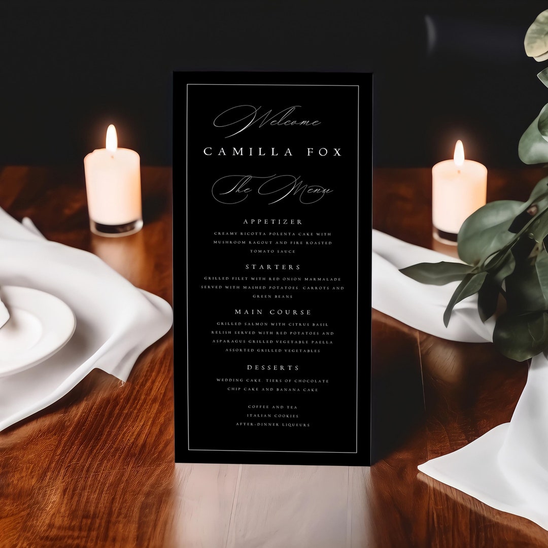 Black Menu Template, Black Wedding Menu, Modern Menu, Printable Wedding ...