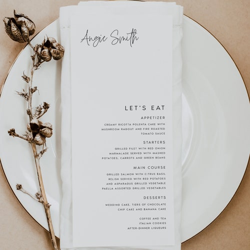 Menu With Guest Name Menu Place Card Minimalist Wedding - Etsy