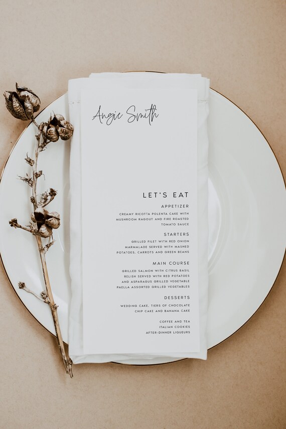 Minimalist Wedding Menu Template with Guest Names Modern Wedding Place ...