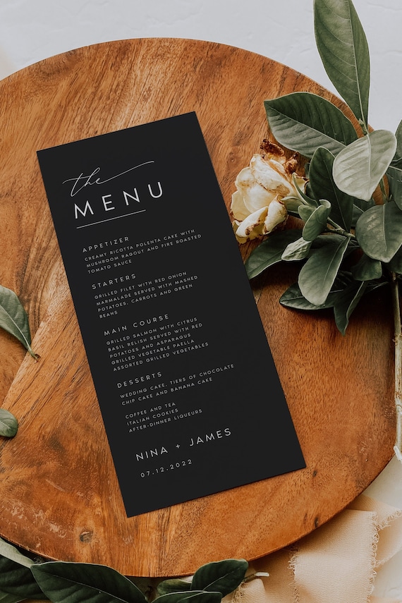 Elegant Black Wedding Menu Template Modern Script Wedding - Etsy