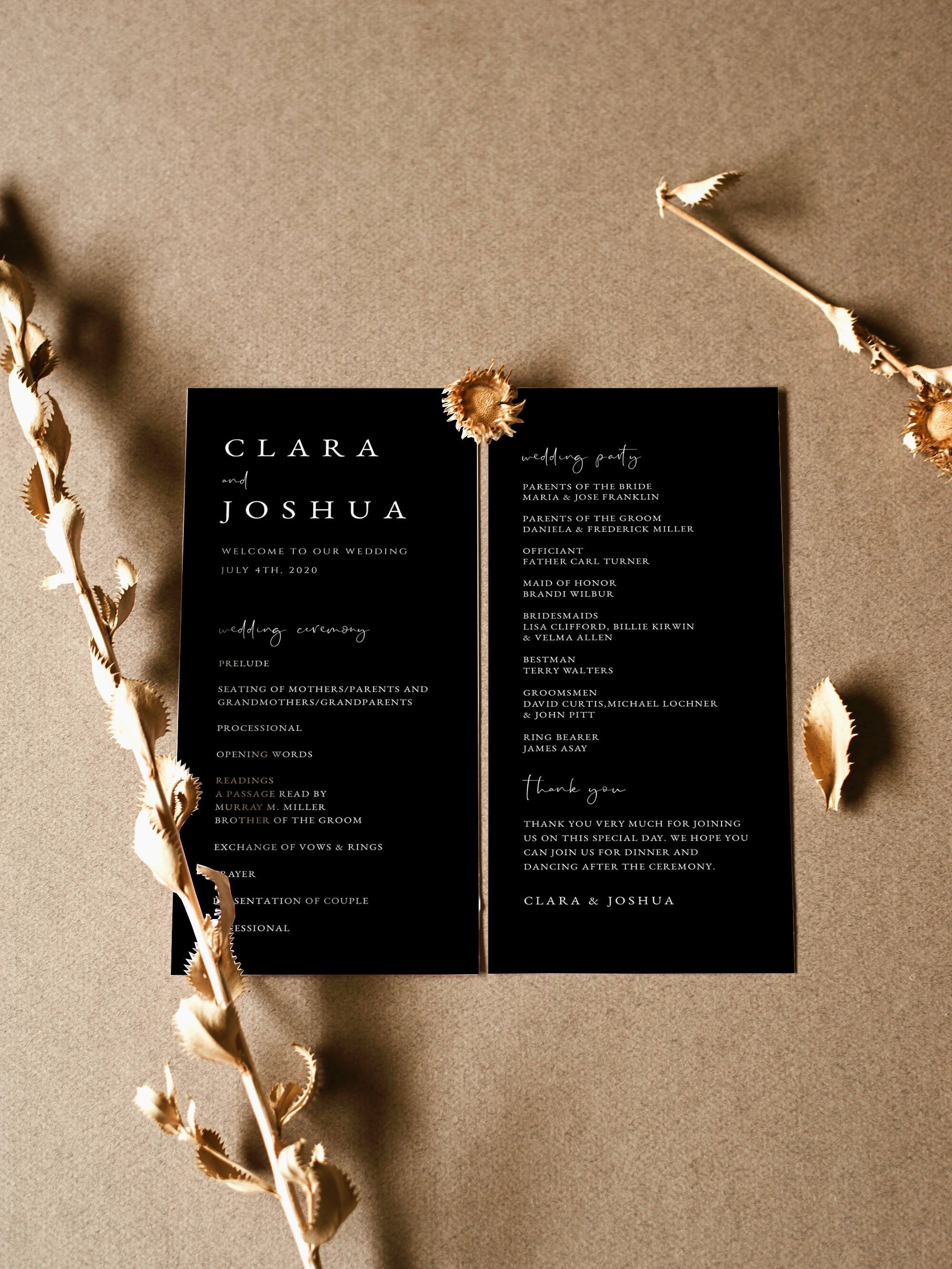 Black Minimalist Wedding Program Template (digital Download) BL69 - Etsy