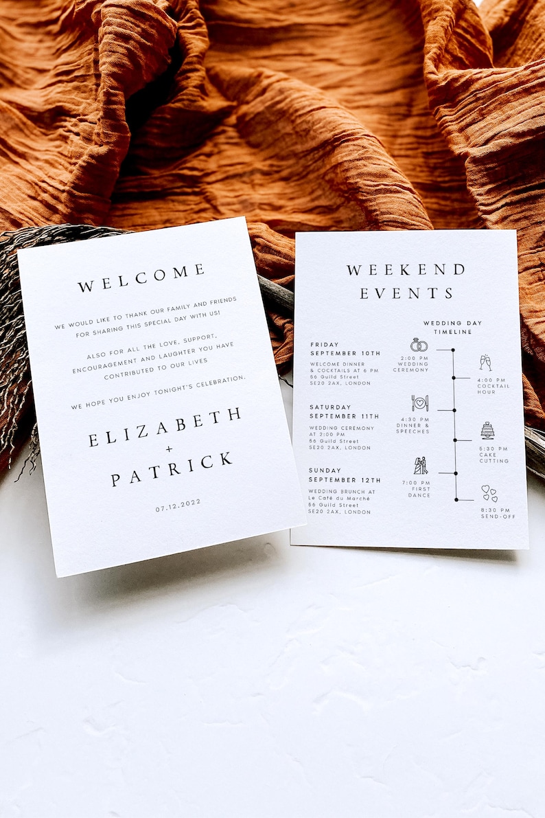 Printed Wedding Weekend Itinerary Program Cards: Weekend Timeline ...