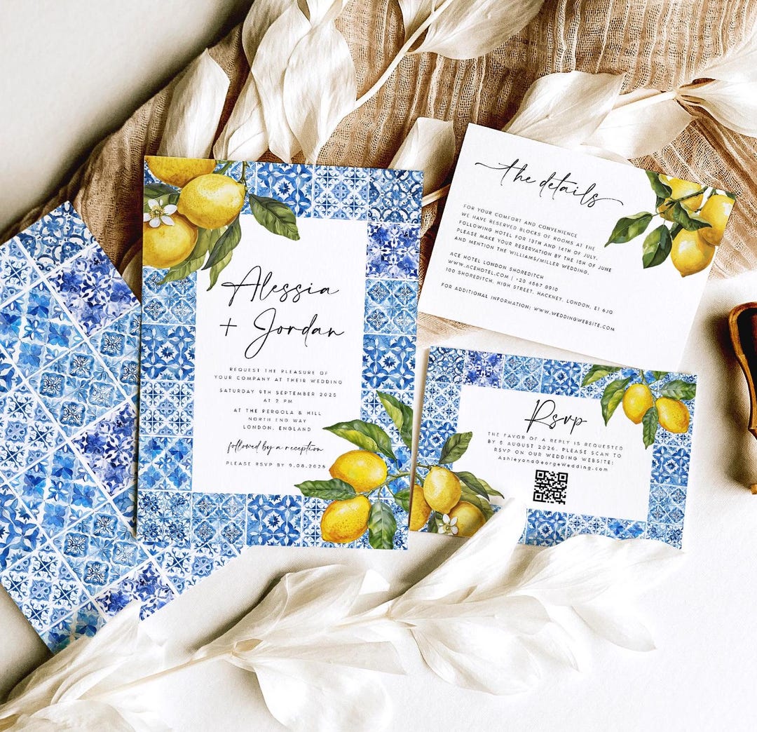 Italian Wedding Invitation Template, Mediterranean Blue Tile Invite ...
