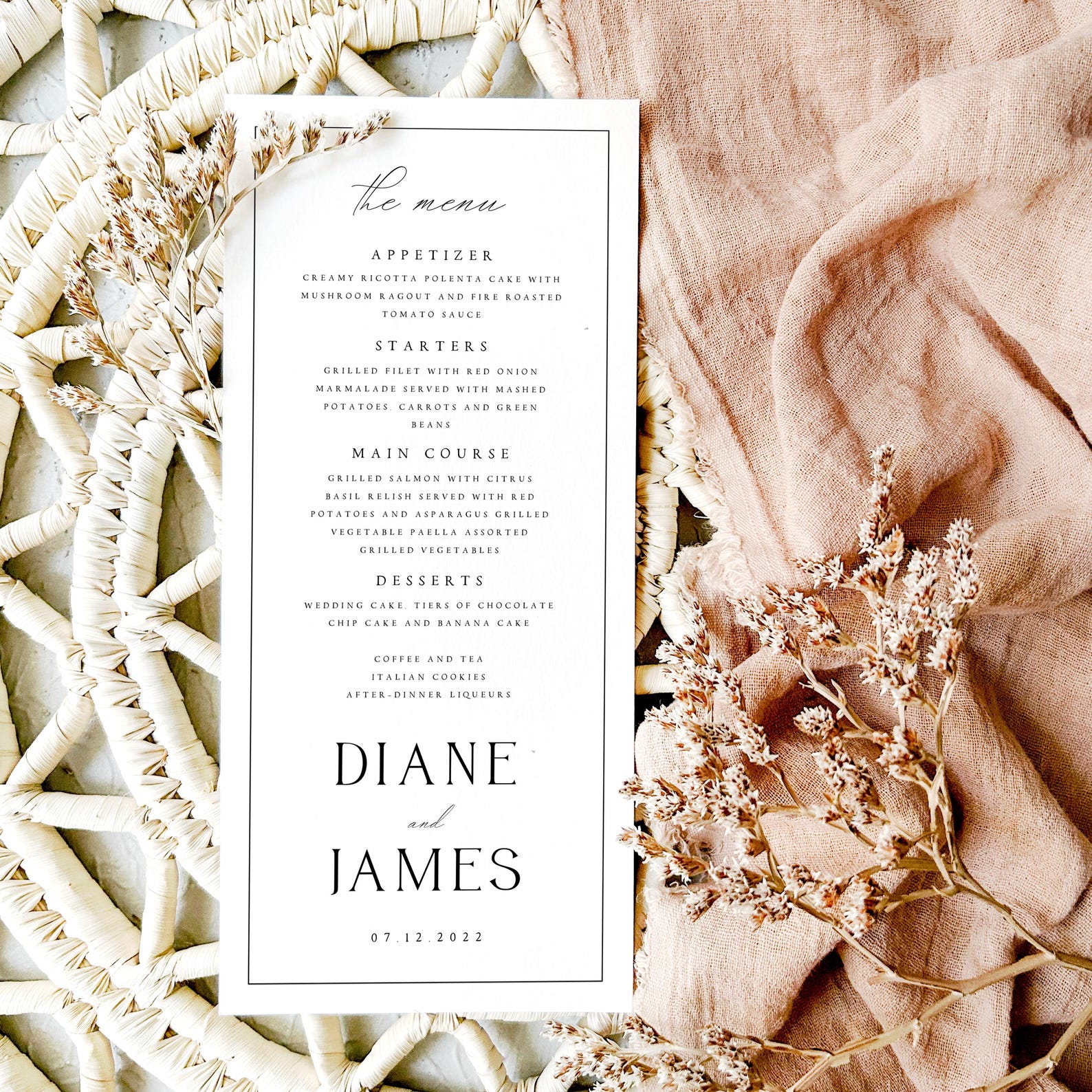 Printed Wedding Menus, Elegant Calligraphy, Textured Paper, DIANE - Etsy
