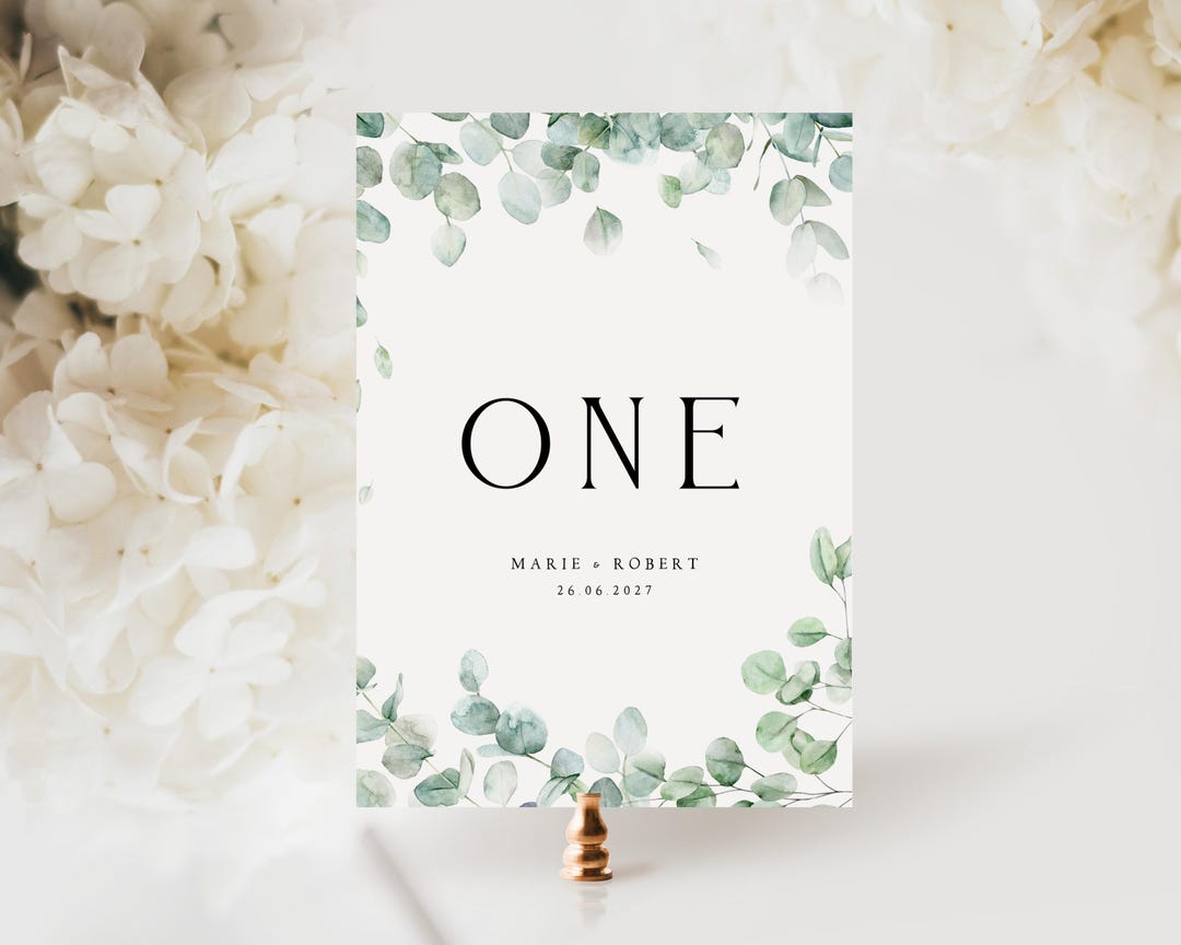 Eucalyptus Wedding Table Numbers, Personalised Number Card Template ...