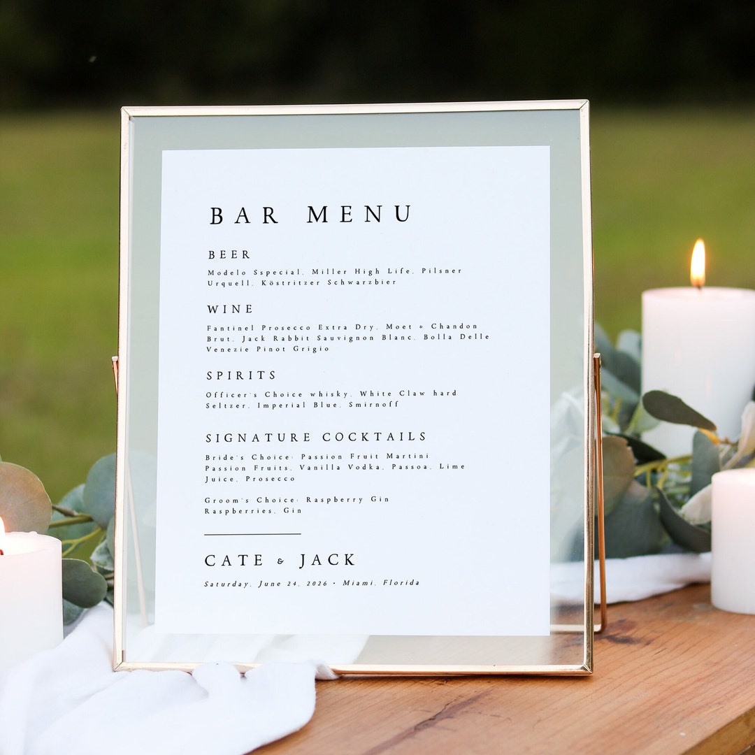 Modern Wedding Bar Menu Template, 8x10 Minimalist Bar Menu, Wedding ...