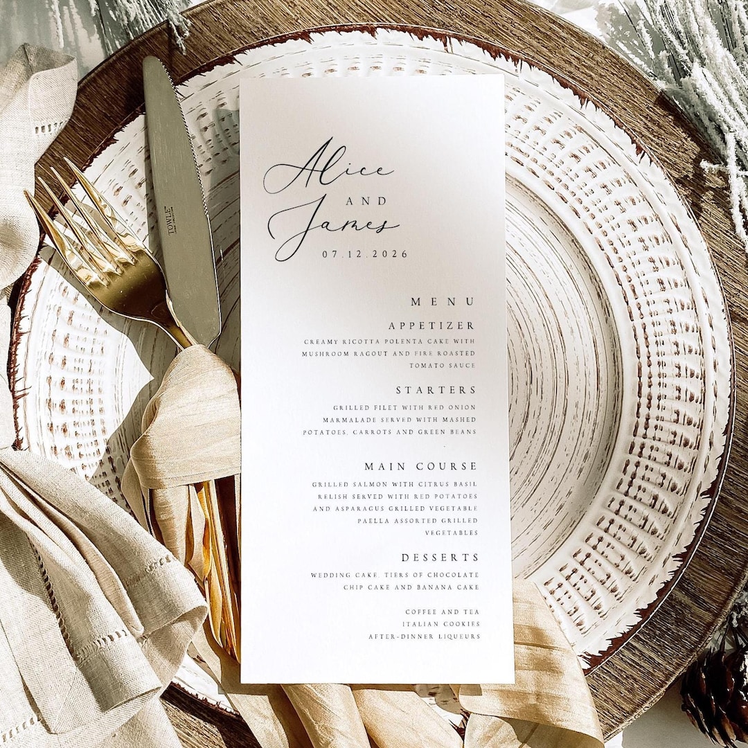 Printed Simple Elegant Wedding Menus, Modern Minimal Printed Menu Card ...