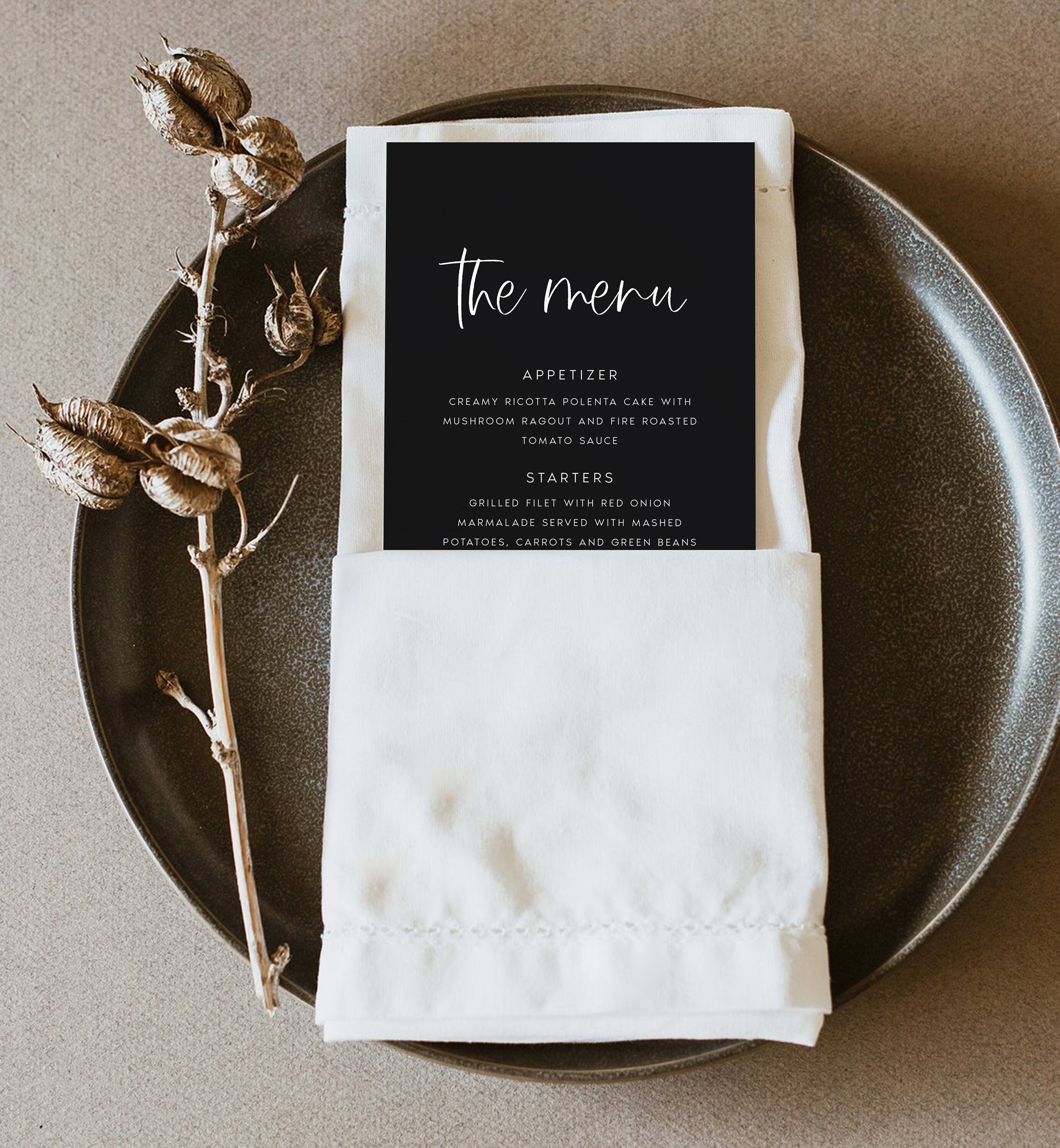 Black Modern Menu Editable Template Minimalist Wedding Menu | Etsy