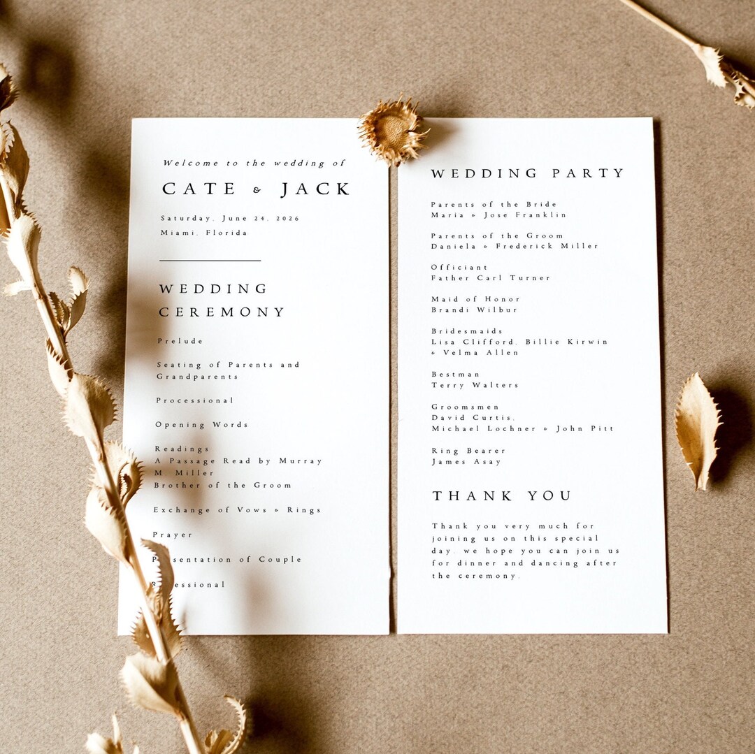 Modern Wedding Program Template, Minimalist Order of Service, Printable ...