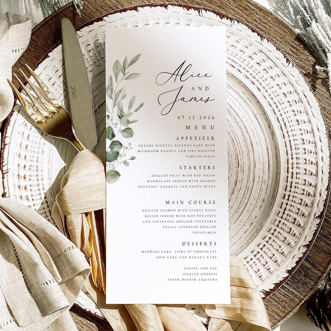 Printed Greenery Foliage Elegant Wedding Menus, Minimal Printed Menu ...