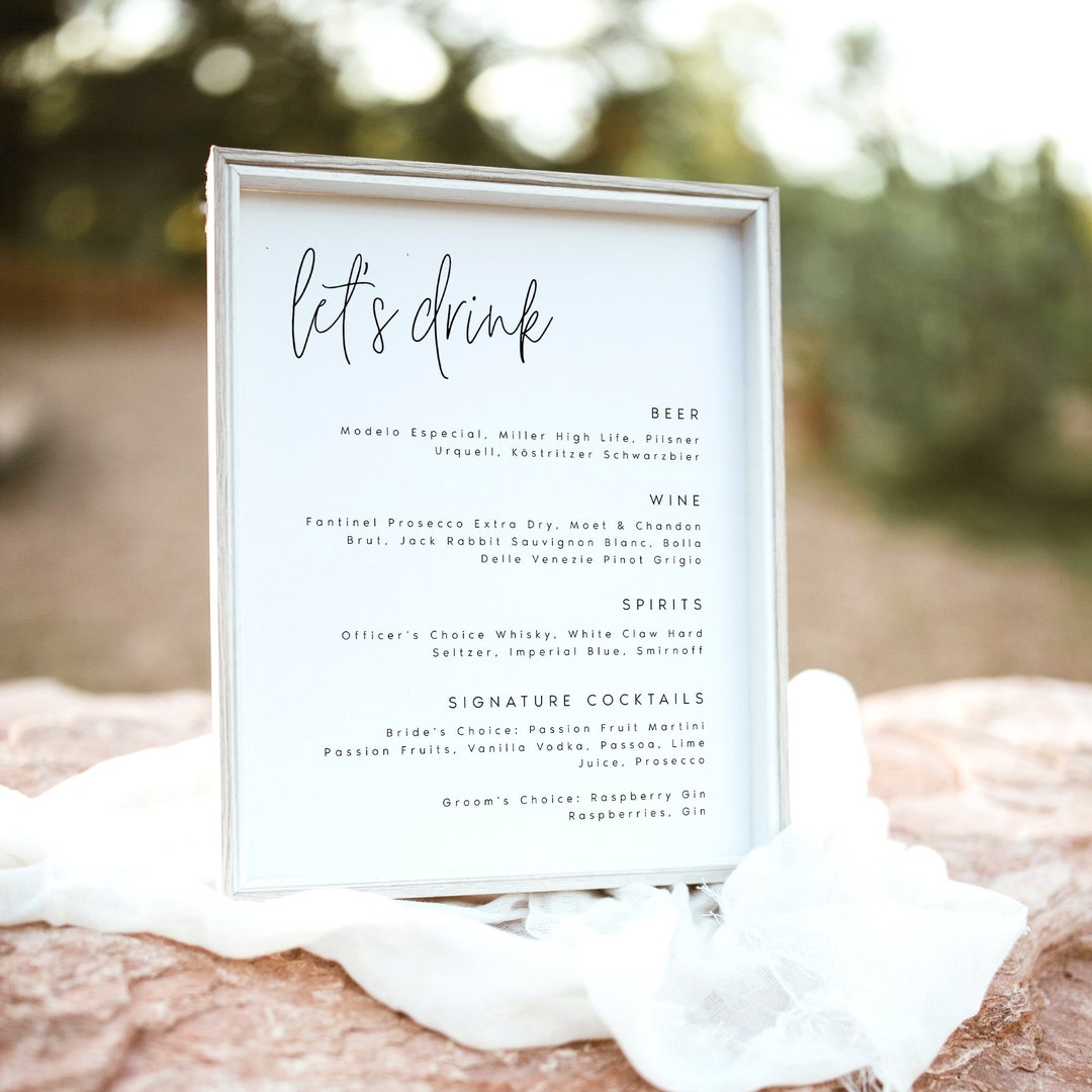 Tabletop Drinks Menu Sign Template, Wedding Drink Menu Sign Printable ...