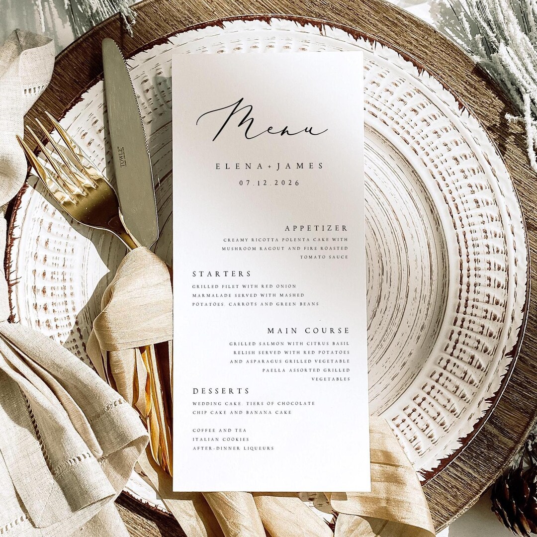Printed Simple Elegant Wedding Menus, Modern Minimal Printed Menu Card ...