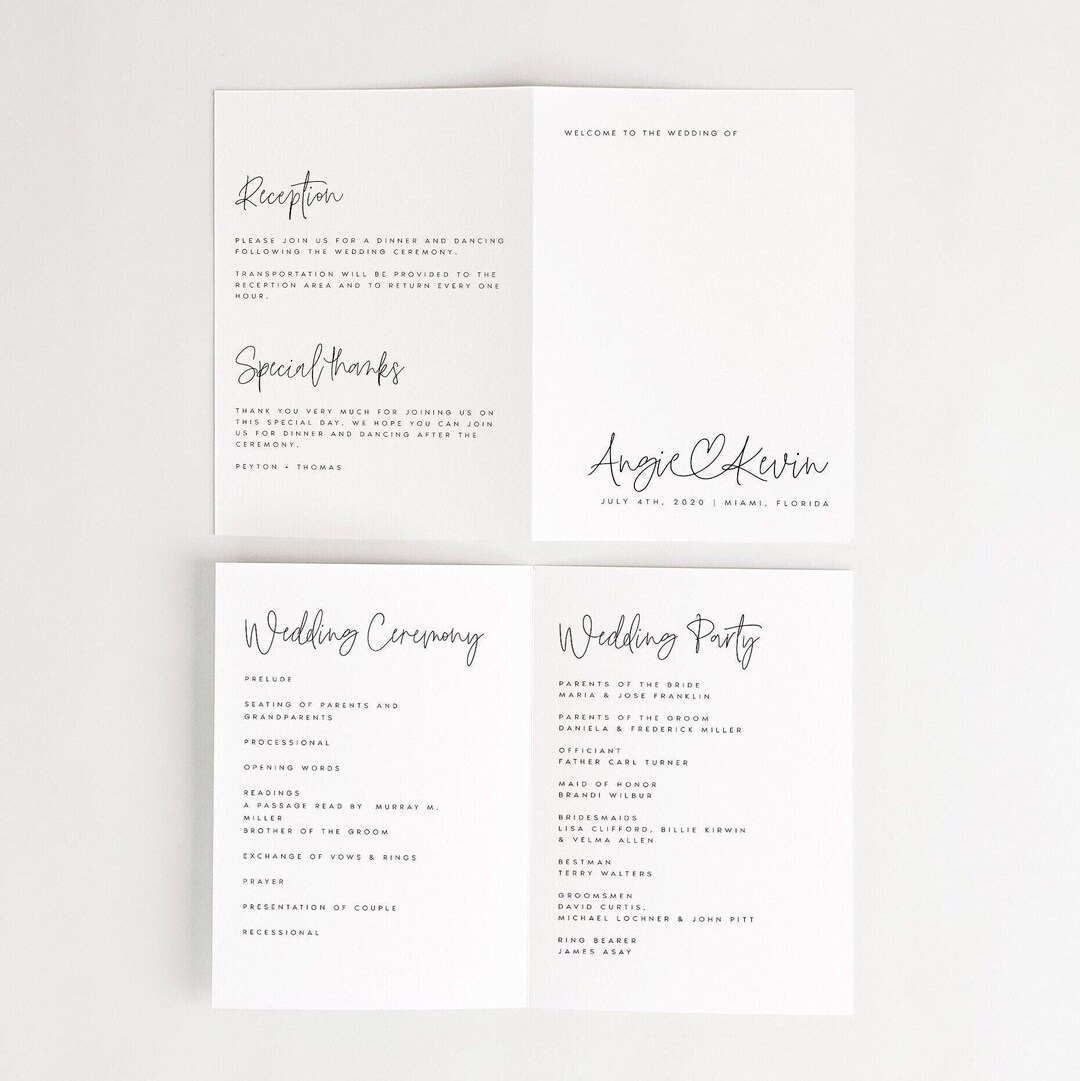 Folded Wedding Program Template, Printable Wedding Program, Minimal ...