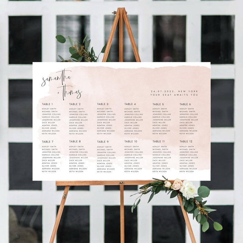 Blush Pink Wedding Seating Chart, Watercolor Template (instant Download ...