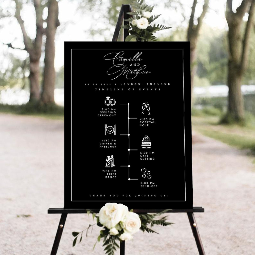 Black & White Wedding Timeline Sign, Wedding Itinerary Sign Template ...