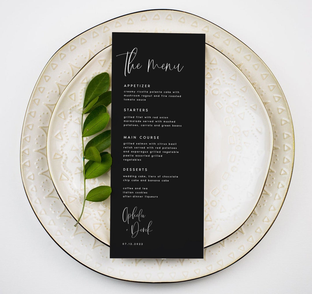 Black Modern Calligraphy Wedding Menu Template, Minimal Dark Reception ...