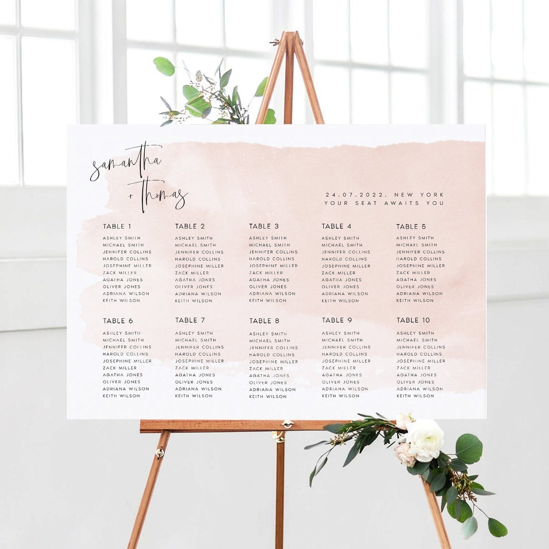 Blush Pink Wedding Seating Chart, Watercolor Template (instant Download ...