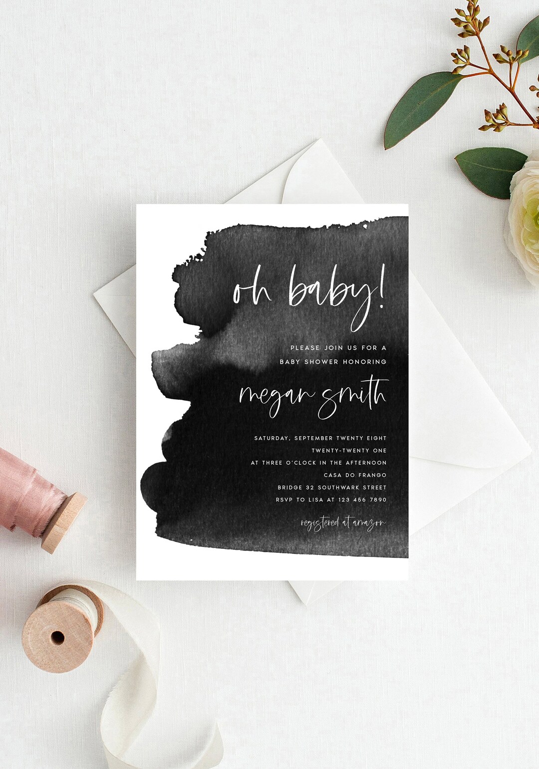 Black Watercolor Baby Shower Invitation, Modern Printable Invitation ...