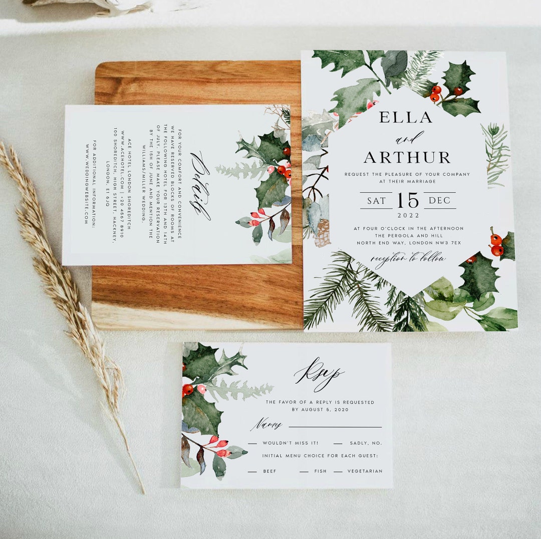 Winter Wedding Invitation Set, Printable Pine Wedding Suite, Christmas ...