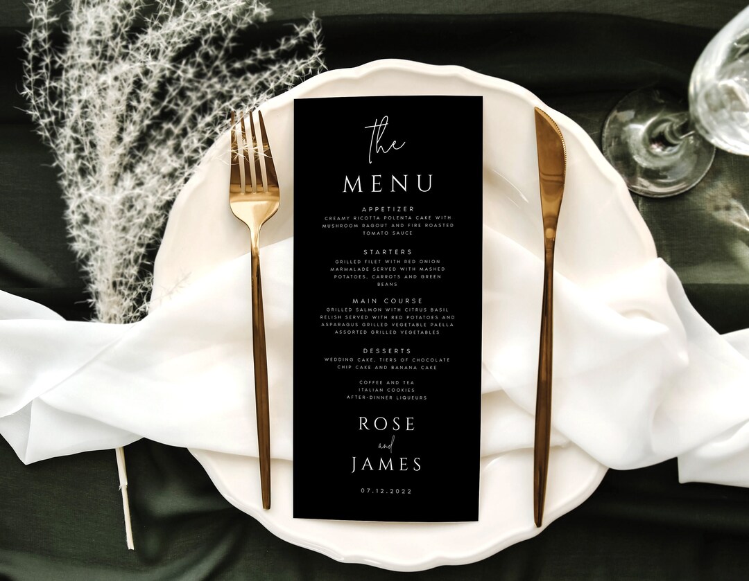 Black Wedding Menu Template, Modern Wedding Dinner Menu, Minimalist ...