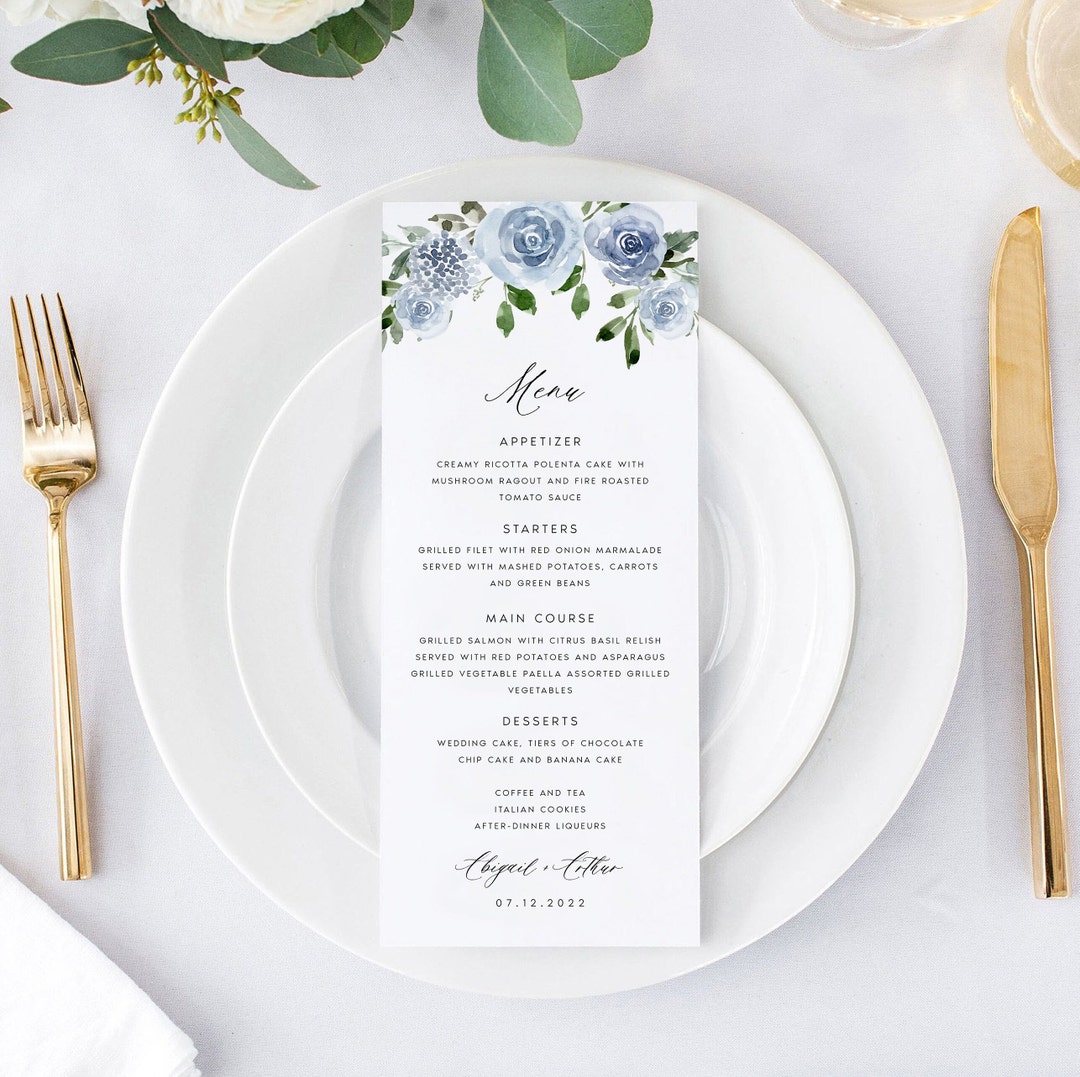 Blue Floral Foliage Wedding Menu Template Instant Download, Printable ...