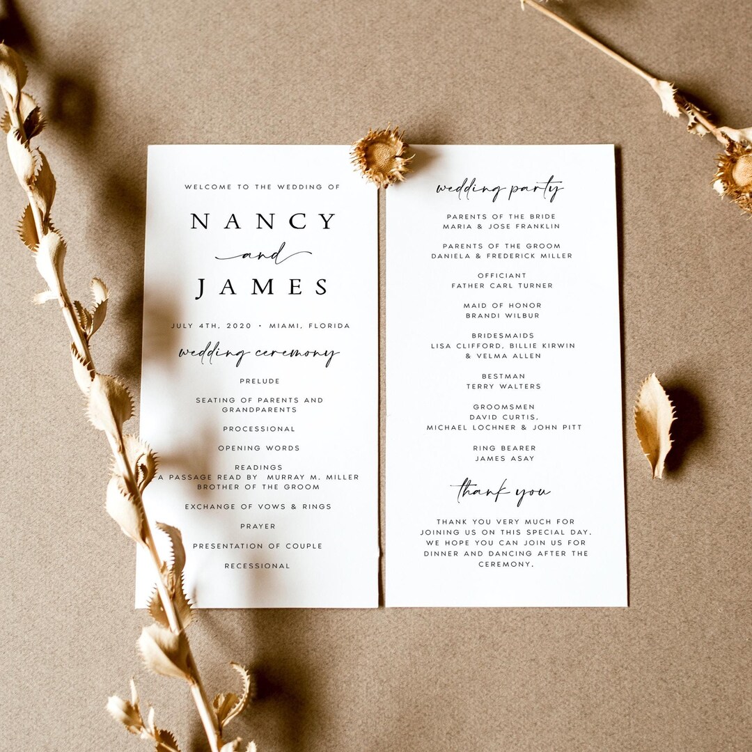 RUSTIC Wedding Program Template, Minimalist Order of Service Printable ...