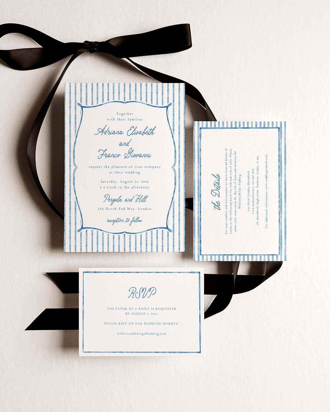 Blue Stripe Wedding Invitation Template Suite, Editable RSVP & Details ...