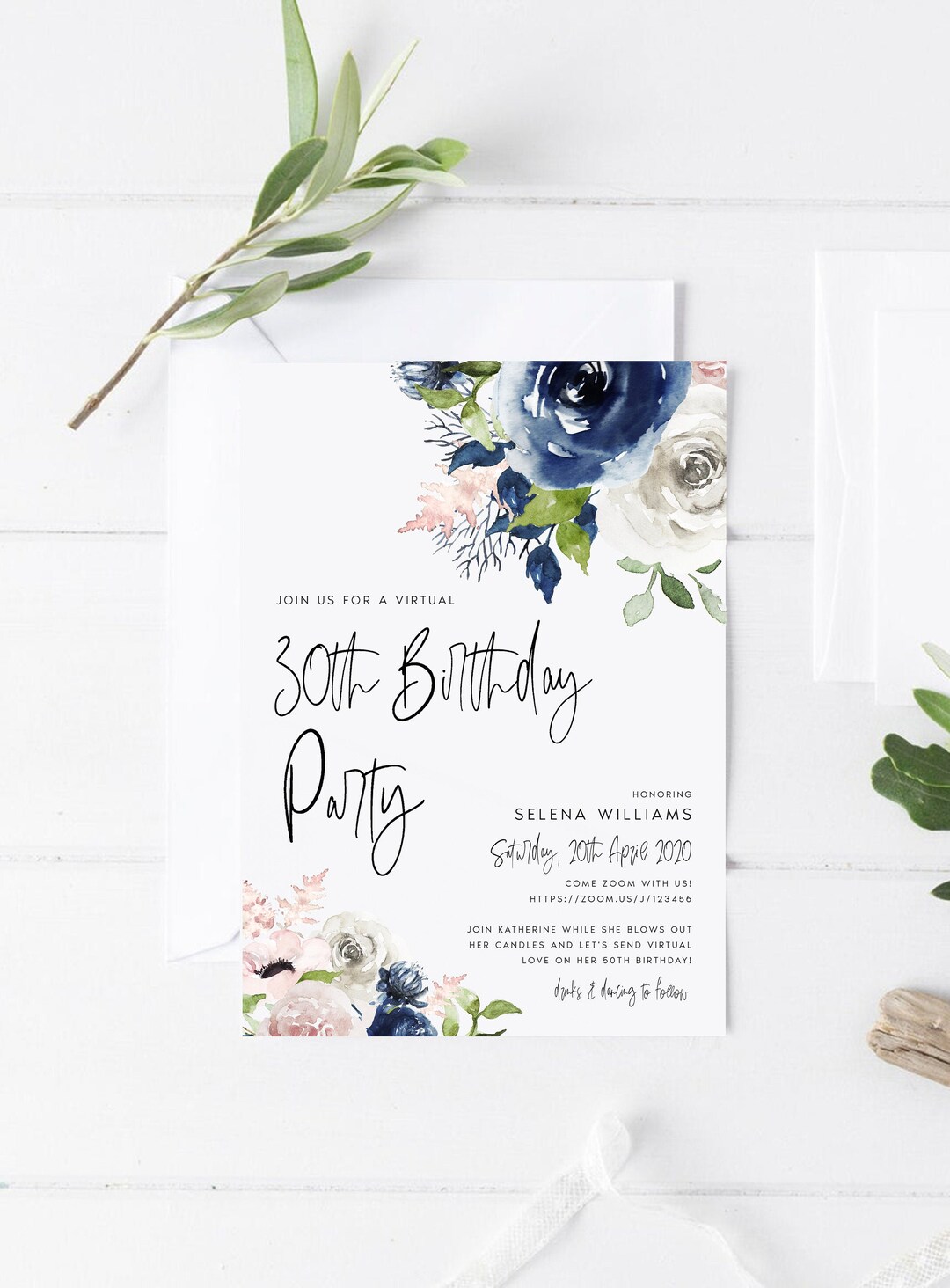 Virtual Birthday Party Invitations, Floral, Invite, Navy, Blush ...