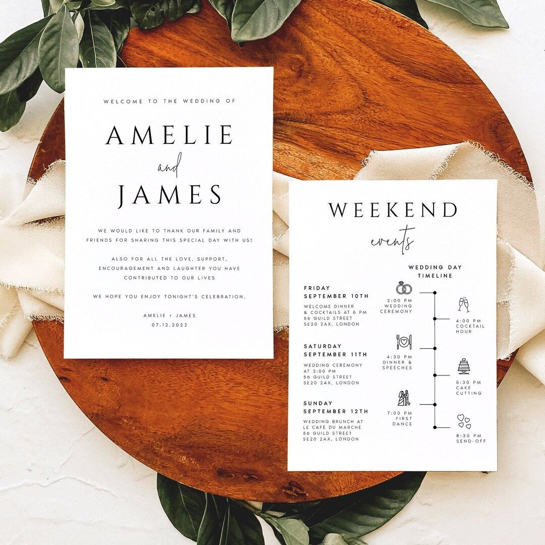 Modern Welcome Letter & Timeline Template, Minimalist Wedding Order of ...