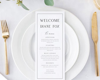 Printable Wedding Menu Name Place Card Template, Classic, Elegant ...