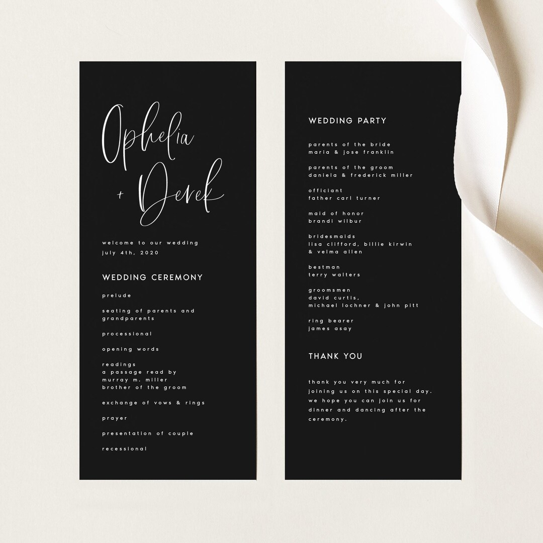 Black Wedding Program Template, Contemporary Wedding Program Printable ...