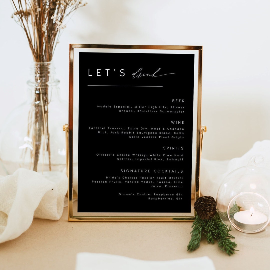 Minimalist Wedding Bar Menu, Black Wedding Drink Sign, Modern ...