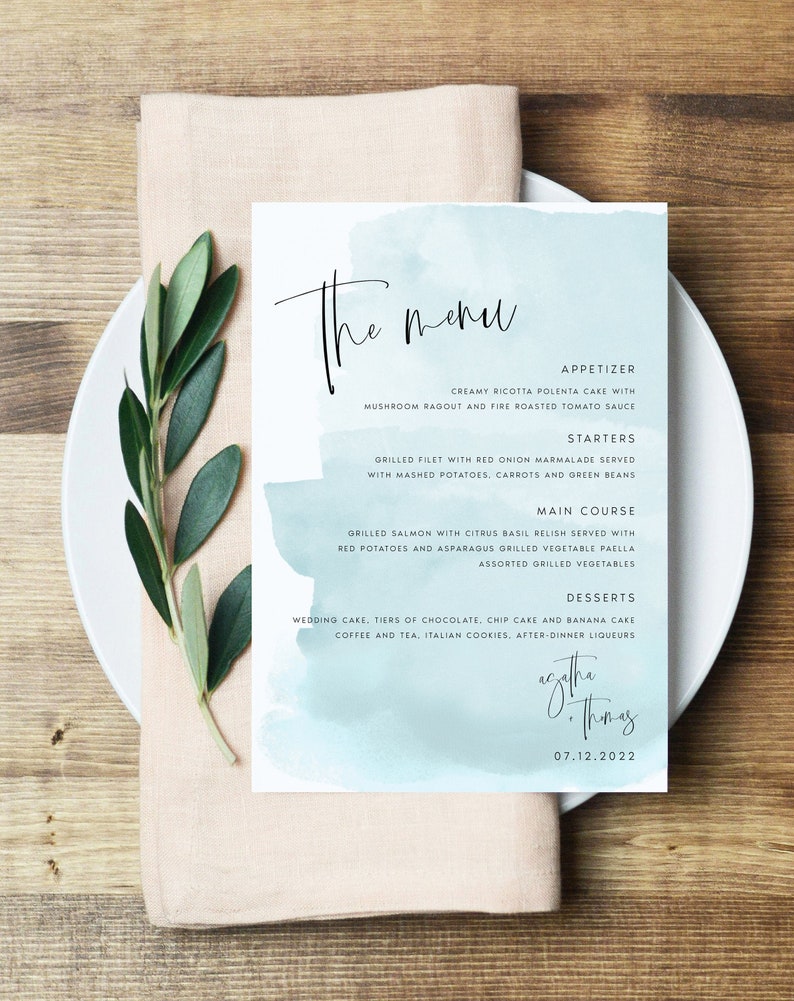 Watercolor Baby Blue Wedding Menu Template INSTANT Download - Etsy
