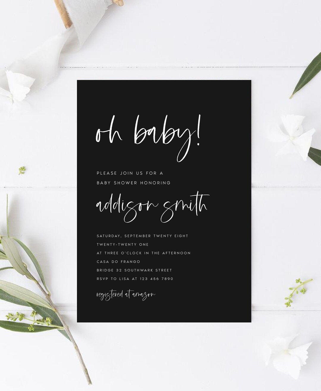 Black Baby Shower Invitation Template, Dark Invitation Printable, Oh ...