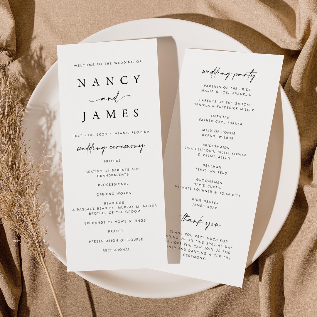 BOHO Wedding Program Template, Minimalist Order of Service Printable Ceremony Program Card DIY ...