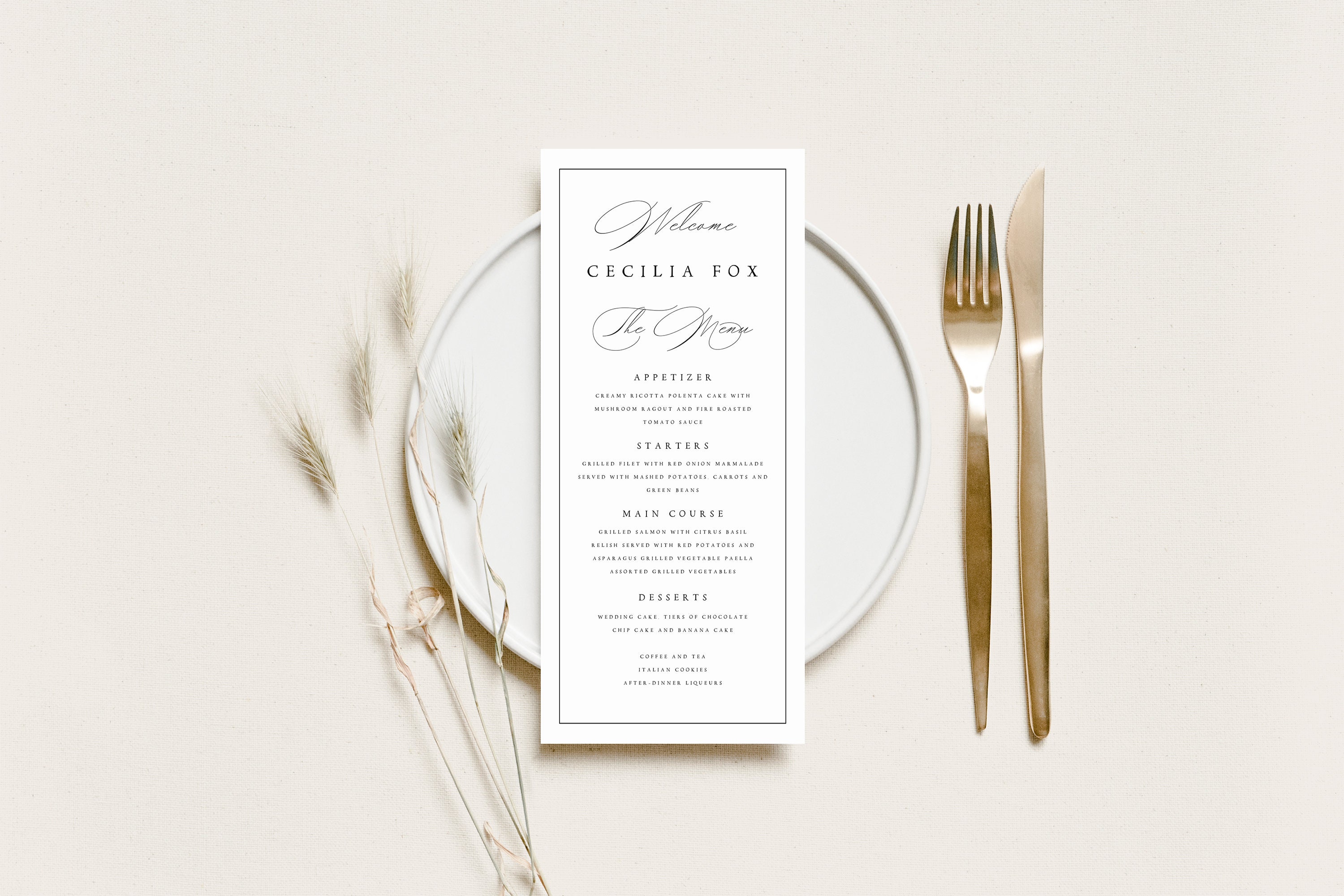 Printable Wedding Menu Name Place Card Template, Classic, Elegant ...