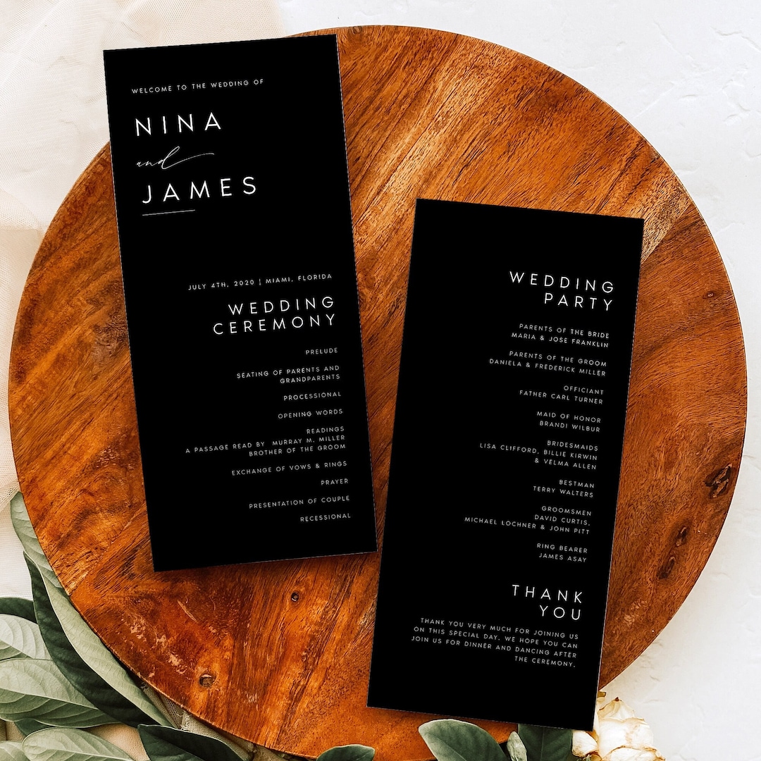 Modern Black Wedding PROGRAM Template, Minimalist Order of Service, Printable Ceremony, DIY ...