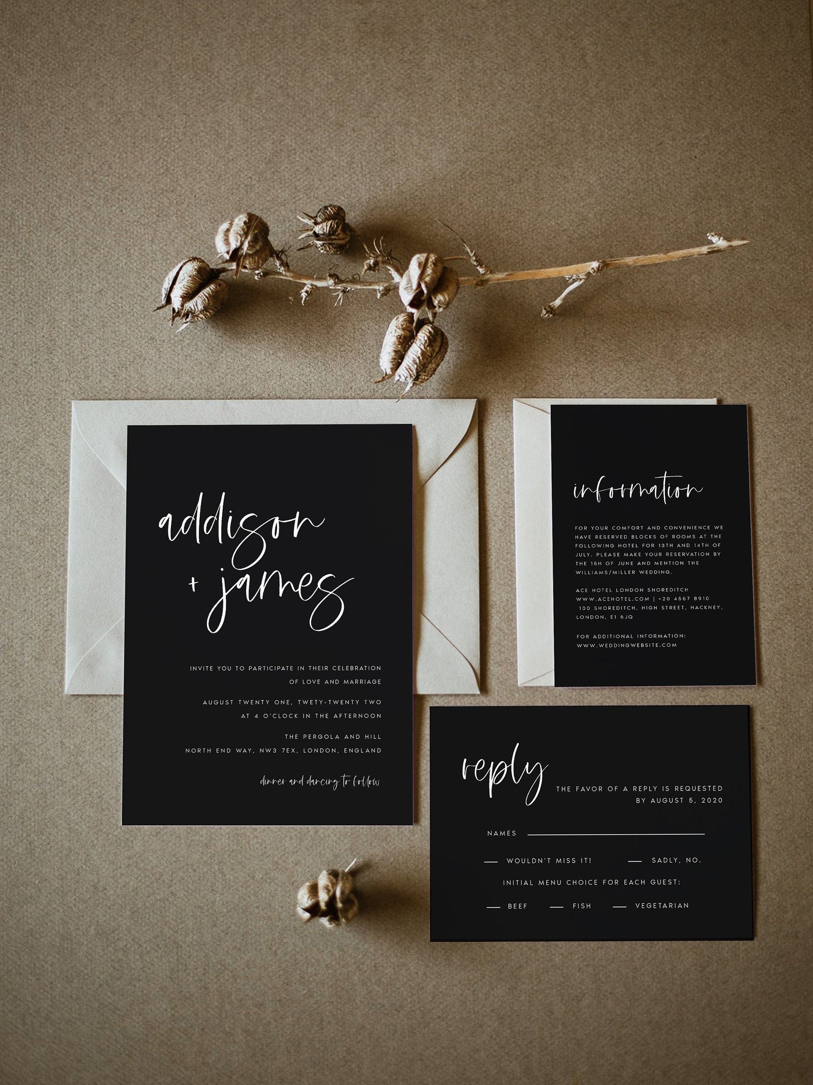 Black Modern Wedding Invitation Set Template Dark Script | Etsy