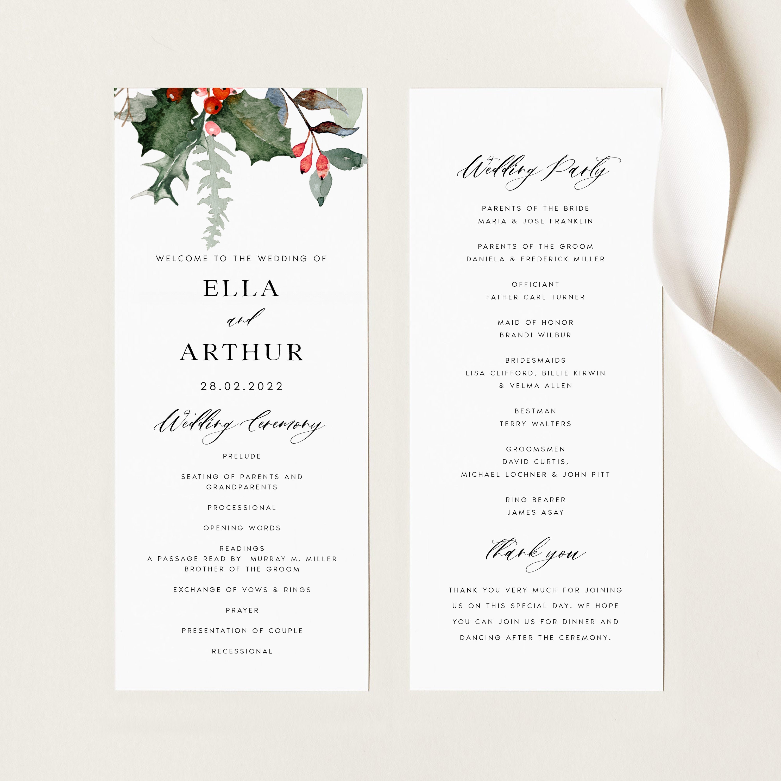 Winter Wedding Program Template Holiday Order of Service - Etsy