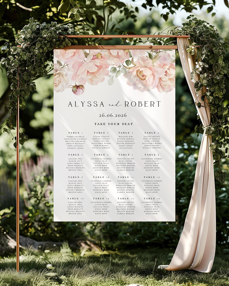 Floral Canva Wedding Seating Chart Template, Pink Peony Table Seating ...