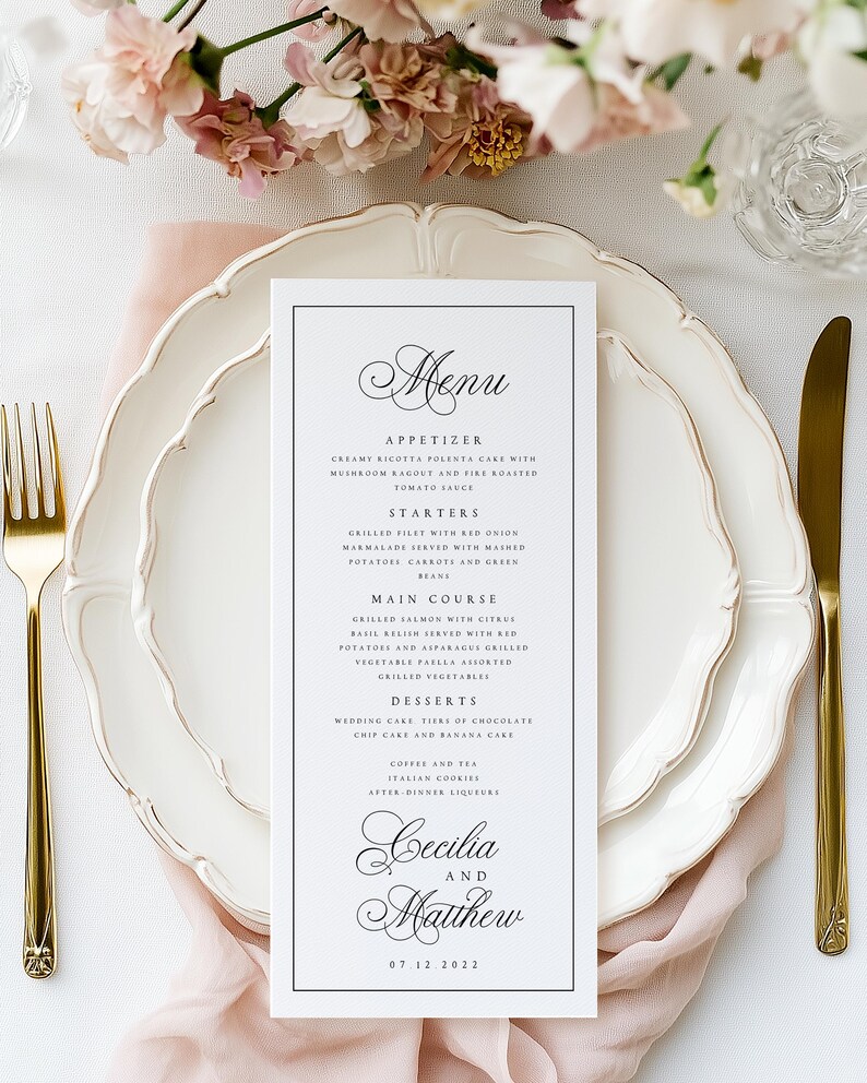 Modèle de menu de mariage modifiable, menu de réception minimaliste ...