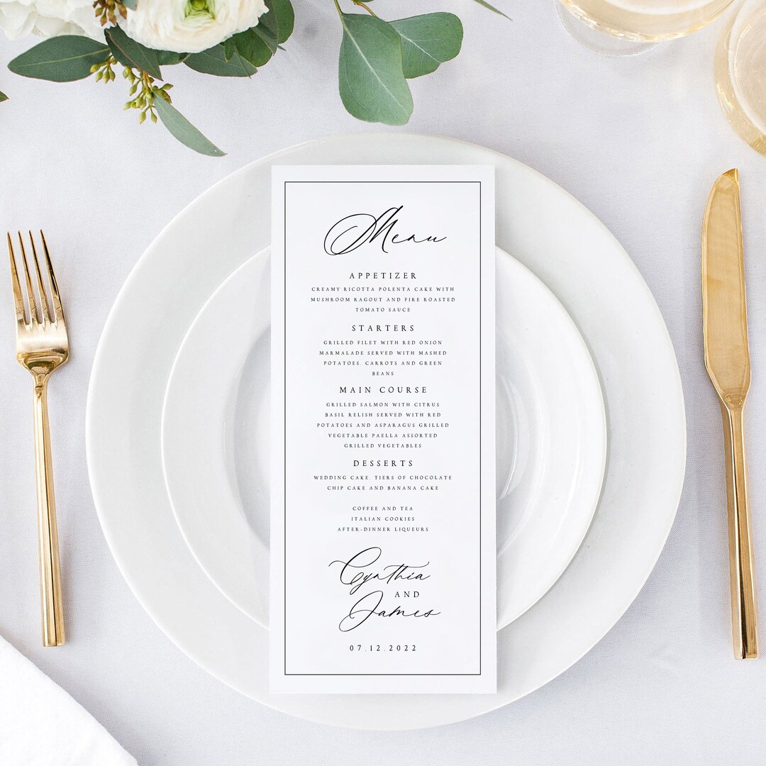 Minimalist Wedding Menu Template, Classic Script Wedding Dinner Menu ...