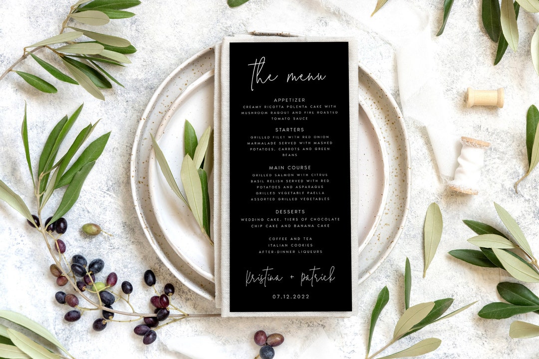 Black Wedding Menu Template, Modern Script Wedding Dinner Menu ...