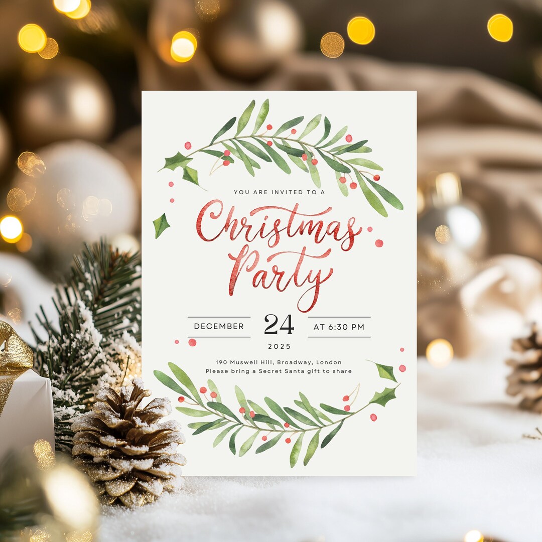 Watercolor Christmas Party Invitation Template, Editable Christmas ...