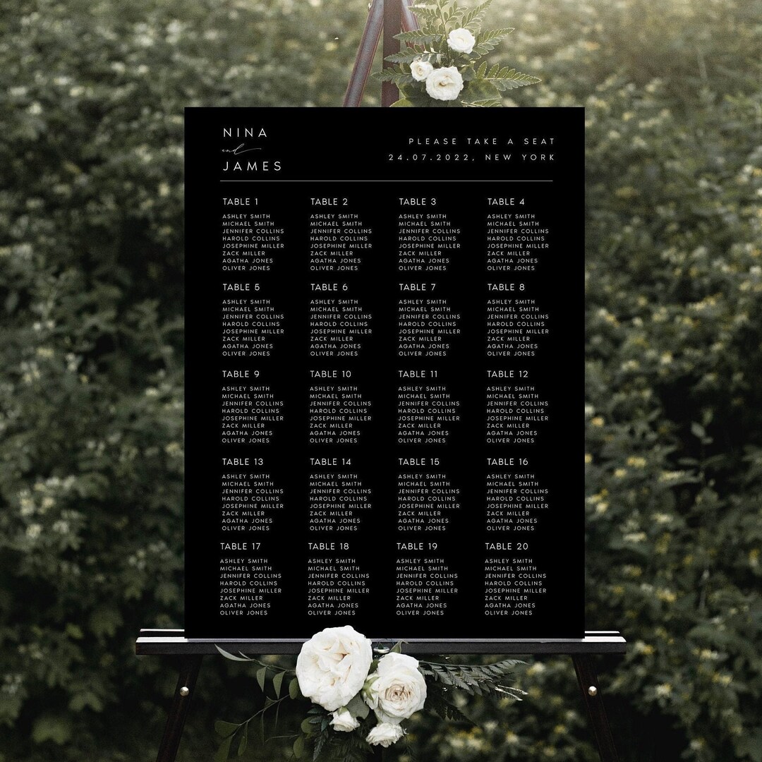 Modern Black Seating Chart Template, Minimalist Editable Instant ...