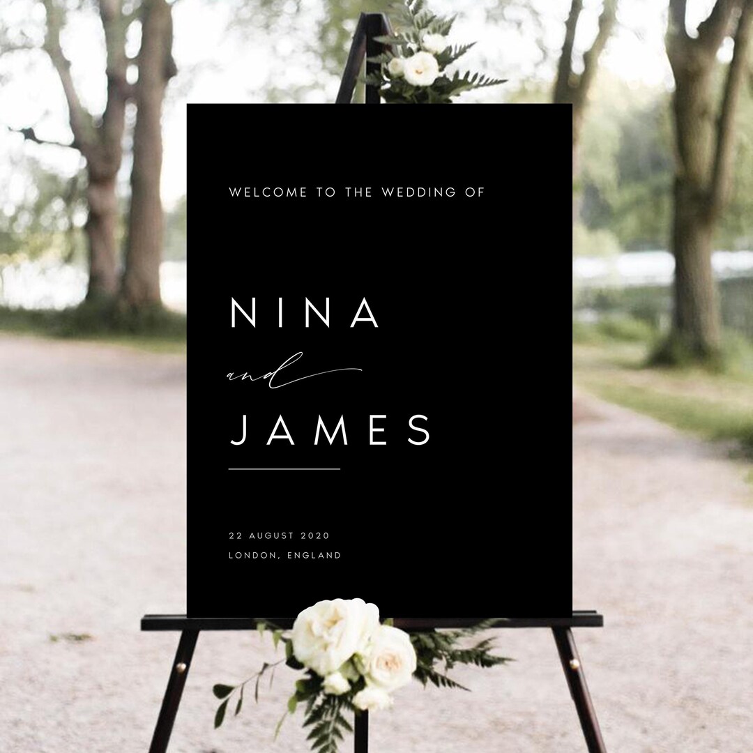 Printed Minimalist Wedding Welcome Sign, Modern Black Foam Board - NINA ...