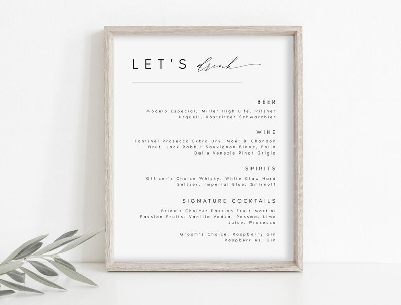 Modern Tabletop Drinks Menu Sign Template Wedding Drinks Menu - Etsy