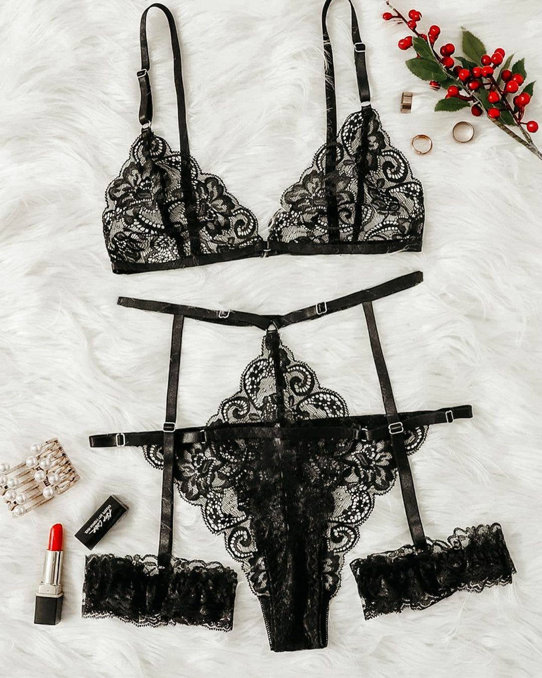 Black Women Lingerie Set 3 Piece Lace Lingerie Set | Sexy Lingerie Set ...