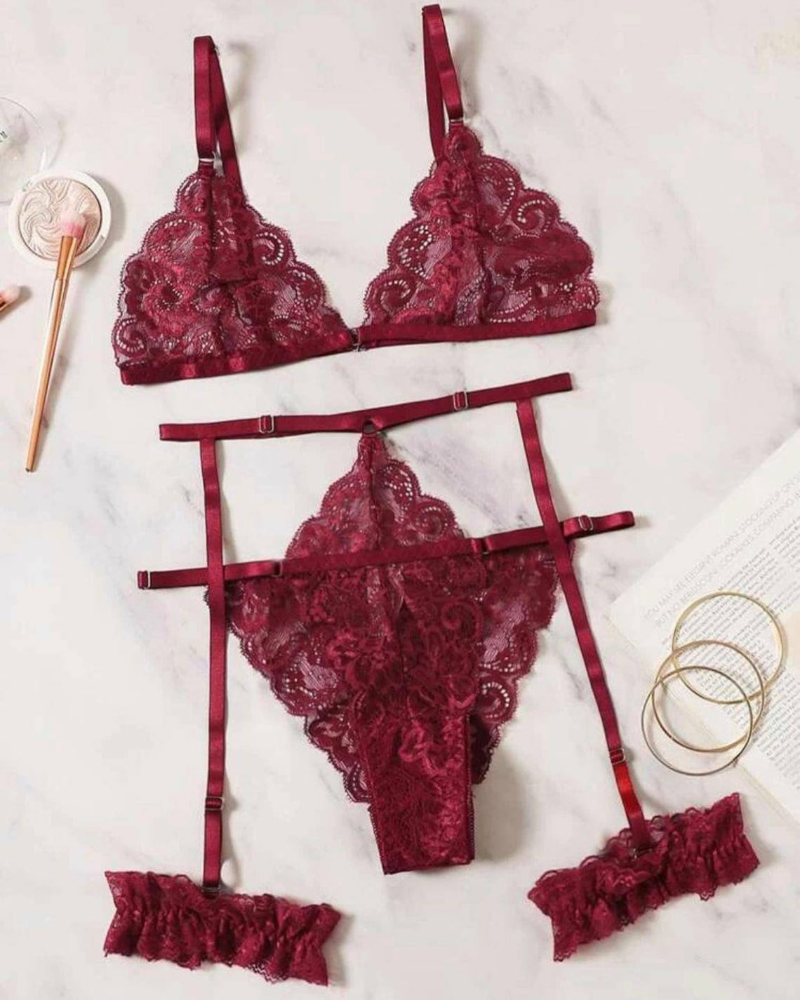 Conjunto De Lencería De Color Rojo Oscuro 3 Piezas De Lencería De