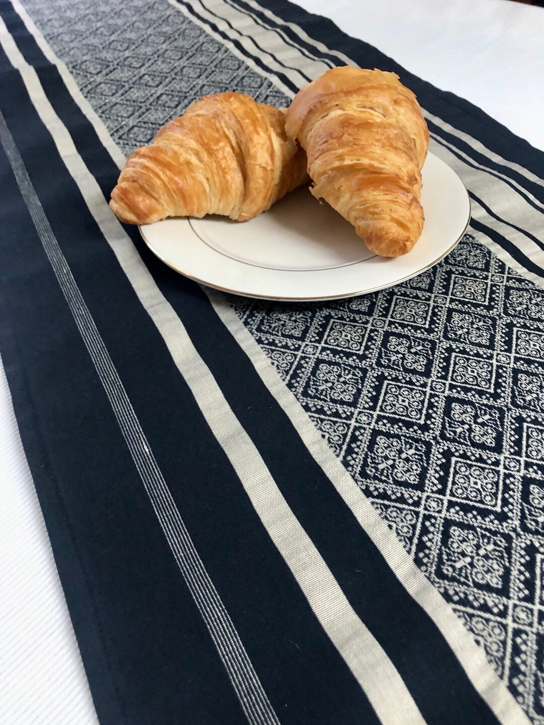 Midnight Blue + Ivory Luxury Jacquard Striped Table Runner - 100% ...